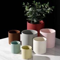 China Nordic Ceramic Flower Pot Set 3 Sizes 11-17cm Glazed Cylindrical Planter with Tray for Indoor Outdoor for sale