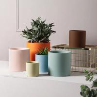 China Nordic Ceramic Flower Pot Set 3 Sizes 11-17cm Glazed Cylindrical Planter with Tray for Indoor Outdoor for sale
