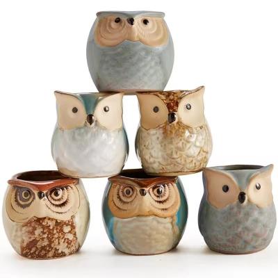 China 6pcs Ceramic Glazed Flower Pot Set Owl Shape Succulent Cactus Plant Container Bonsai Pots 24cm Box for sale