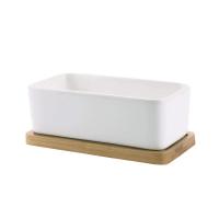 China Decorative Garden White Ceramic Succulent Planter Ceramic Cactus Flower Pot Plant Pot with Bamboo Tray (Rectangular) for sale
