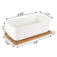 China Decorative Garden White Ceramic Succulent Planter Ceramic Cactus Flower Pot Plant Pot with Bamboo Tray (Rectangular) for sale