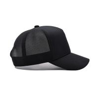 China Short Brim Polyester 5 Panel Trucker Cap Black Color 7 Holes Plastic Snap for sale
