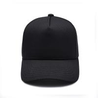 China Short Brim Polyester 5 Panel Trucker Cap Black Color 7 Holes Plastic Snap for sale