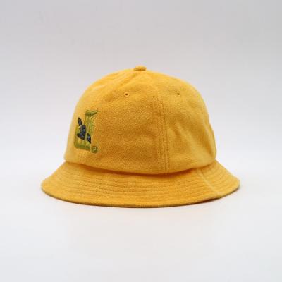 China Flat Embroidery Unisex Bucket Hat Yellow Cotton Fishing Hat 58cm for sale