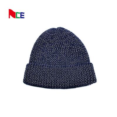 China Custom Winter Beanie Hat 58cm Reflective Yarn Knit Skull Cap Soft Warm Fold Up Cuff for Men for sale