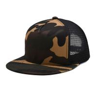 China Custom Camo Cotton Fabric Trucker Cap 58cm with Polyester Mesh Backing and Embroidery Logo - 6 Panel Flat Brim Design for sale