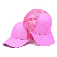 China BSCI Certified 100% Polyester Glitter Trucker Hat Precurved Bill Pink 6 Panel Cap for sale