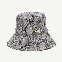 China Unisex 58cm Gray PU Leather Bucket Hat with Gold Metal Logo for Wholesale for sale