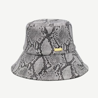 China Unisex 58cm Gray PU Leather Bucket Hat with Gold Metal Logo for Wholesale for sale