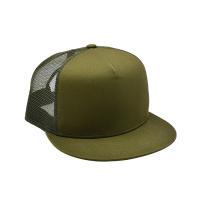 China Custom Logo Army Green Camo 6 Panel Flat Brim Mesh Cap Snapback Trucker Hat Unisex for sale