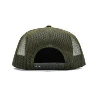 China Custom Logo Army Green Camo 6 Panel Flat Brim Mesh Cap Snapback Trucker Hat Unisex for sale