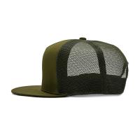 China Custom Logo Army Green Camo 6 Panel Flat Brim Mesh Cap Snapback Trucker Hat Unisex for sale