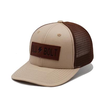 China Custom High Grade Mesh Trucker Cap with Leather Patch 6 Panel Snapback Unisex for sale
