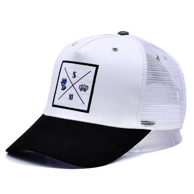 China Custom 5 Panel Mesh Trucker Cap High Profile Crown Cotton Front Pre Curved Visor for sale