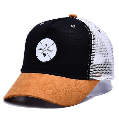 China Custom 5 Panel Trucker Cap High Quality Suede Curved Brim Mesh Trucker Hats for sale