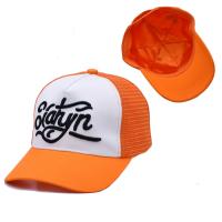 China Custom 5 Panel Trucker Cap 3D Embroidered Curved Brim Satin Lined Orange Mesh Back Hats One Size for sale