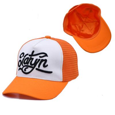 China Custom 5 Panel Trucker Cap 3D Embroidered Curved Brim Satin Lined Orange Mesh Back Hats One Size for sale