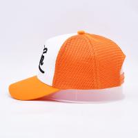 China Custom 5 Panel Trucker Cap 3D Embroidered Curved Brim Satin Lined Orange Mesh Back Hats One Size for sale