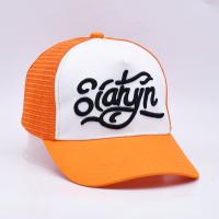 China Custom 5 Panel Trucker Cap 3D Embroidered Curved Brim Satin Lined Orange Mesh Back Hats One Size for sale
