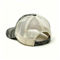 China Distressed Camo Curved Visor Trucker Cap Featuring Constructed Structure Durable Mesh Back and Adjustable Snap Closure for Everyday Wear for sale