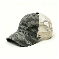 China Distressed Camo Curved Visor Trucker Cap Featuring Constructed Structure Durable Mesh Back and Adjustable Snap Closure for Everyday Wear for sale