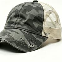 China Distressed Camo Curved Visor Trucker Cap Featuring Constructed Structure Durable Mesh Back and Adjustable Snap Closure for Everyday Wear for sale