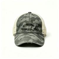 China Distressed Camo Curved Visor Trucker Cap Featuring Constructed Structure Durable Mesh Back and Adjustable Snap Closure for Everyday Wear for sale