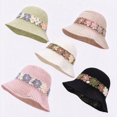 China Floral Band Crochet Bucket Hat Cotton Yarn Wide Brim Stylish Headwear Perfect for Travel Beach Daily Streetwear for sale