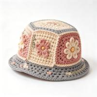 China Wide Brim Patchwork Floral Crochet Bucket Hat Lightweight Breathable Sun Protection for Vintage Daily Streetwear for sale