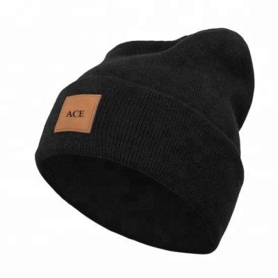 China Custom Plain Knit Beanie Hat with Leather Patch for Men Women 100pcs MOQ for sale