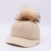 China Custom Wool Winter Baseball Beanie Hat with Real Raccoon Fur Pom Pom 58cm for sale