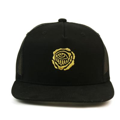 China Adjustable Snapback Trucker Cap Mesh Hat Flat Bill Black  Cotton Twill Seam Tape for sale