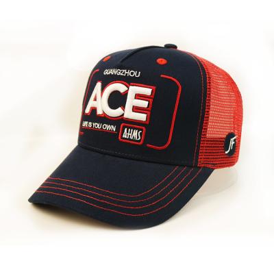 China Custom 5 Panel Trucker Cap Navy Blue Cotton Red Polyester Mesh 58-60cm for sale