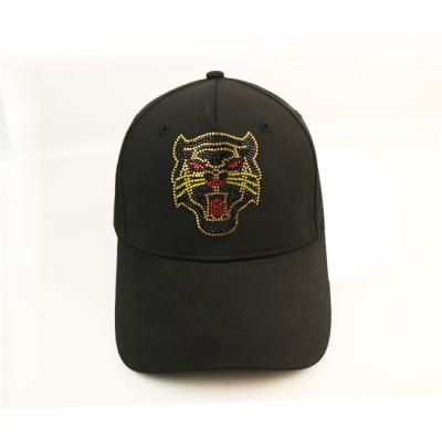 China ACE BSCI Animal Pattern Rhinestone Black Baseball Cap with Metal Buckle - 6 Eyelets, 100% Cotton Sweatband, Custom Logo Available for sale