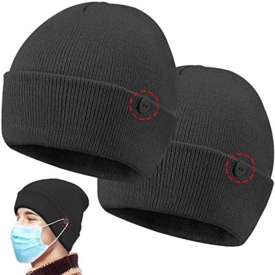 China Custom Button Knit Beanie Hat 58cm Easy Wear Mask Acrylic Winter Cap for sale