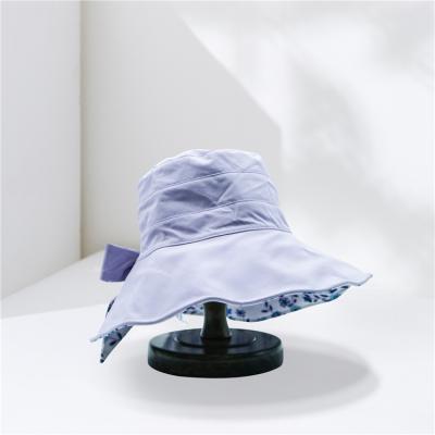 China Custom Logo Female Wide Brim Fishing Bucket Hat 58cm with Big Bowknot for sale