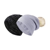 China Winter Women Knit Beanie Hat with Faux Fur Pom Pom 58cm Stretchy Acrylic Cap for sale