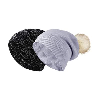 China Winter Women Knit Beanie Hat with Faux Fur Pom Pom 58cm Stretchy Acrylic Cap for sale