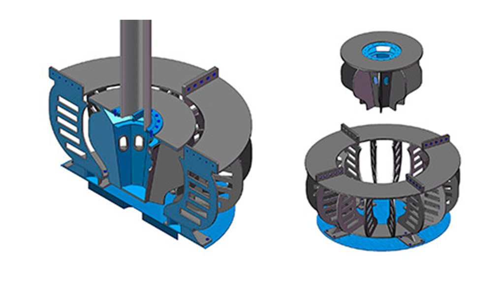Flotation cell rotor assembly during inspection showing wear condition and maintenance.