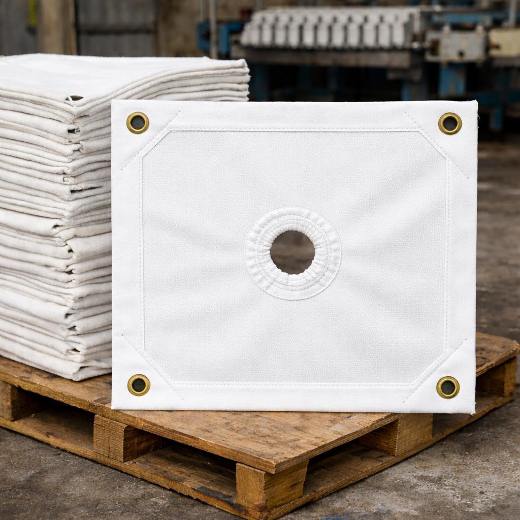 Filter press filter cloth installed flat between plates with aligned feed openings