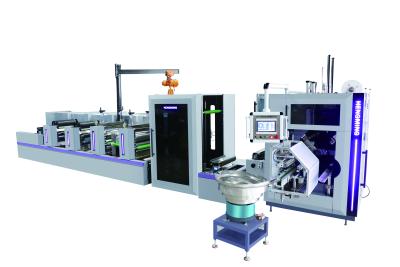 China Fully Automatic Flexo Printing Rotary Die Cutting Slitting and No Glue 4 Shaft Turret Rewinding Machine for sale