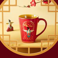 China Large capacity ceramic embossed coffee and tea mug print 3d yoga lady Chinese style vintage mug for sale
