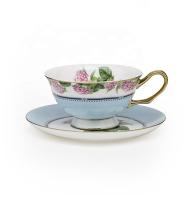 China Pink Floral Design Porcelain Cups Decal Luxury Coffee Tea Cup And Saucer With Colorful Rim for sale