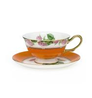 China Pink Floral Design Porcelain Cups Decal Luxury Coffee Tea Cup And Saucer With Colorful Rim for sale