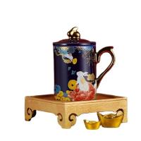 China Ready To Ship In Stock Custom 3d Ceramic Mug 3d Blue Mug With Gold Handle Home Tea Holiday Gift for sale