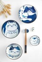China Best Blue Ceramic Stoneware Dinnerware Sets Gift Cat Plate Bowl Set Exquisite Gift for sale