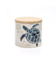 China Ceramic Airtight Coffee Canister Jar Handpanting Reactive Glaze Ocean Style Bulk Ceramic Jar With Bamboo Lid for sale