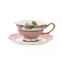 China Pink Floral Design Porcelain Cups Decal Luxury Coffee Tea Cup And Saucer With Colorful Rim for sale