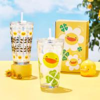China Custom Logo Color Pattern Etched Glassware With Straw For Corporate Branding for sale