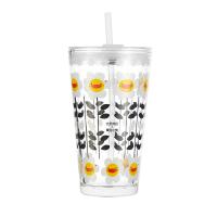 China Custom Logo Color Pattern Etched Glassware With Straw For Corporate Branding for sale